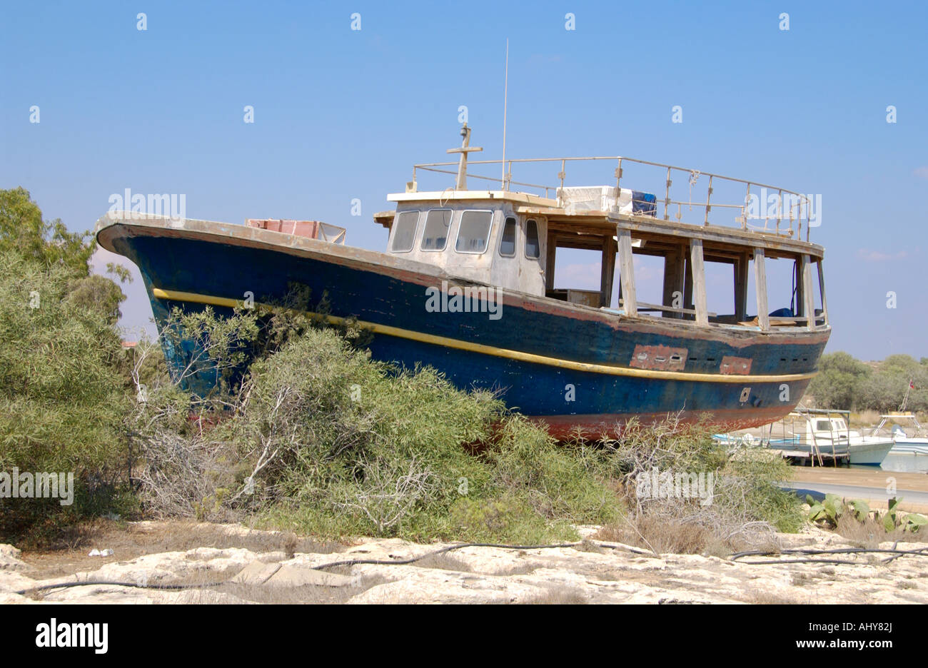 Pleasure boat ashore at Potamos Liopetriou Harbour Cyprus EU refuge for ...