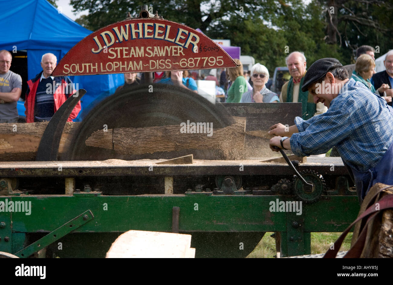 Man operating a steam powered wood saw Stock Photo - Alamy