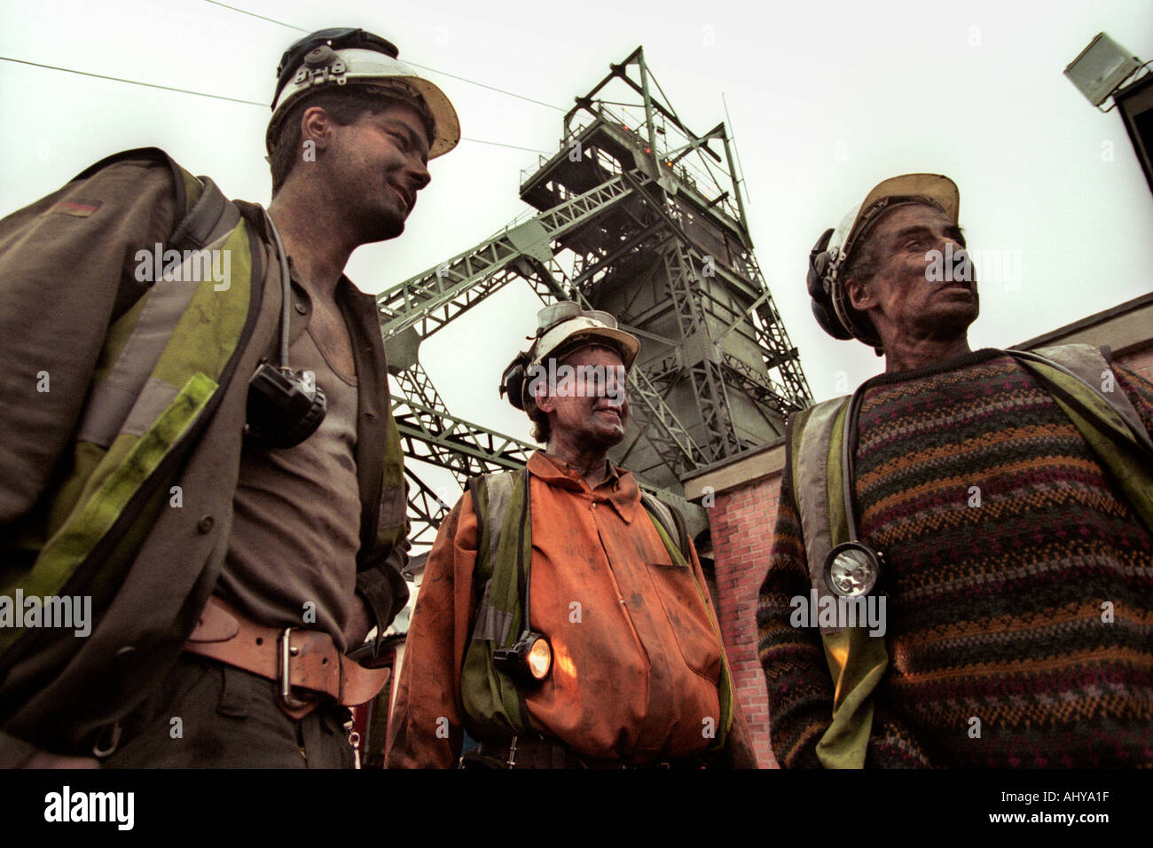 Miners outside the pithead at Tower Colliery deep coal mine at Hirwaun ...