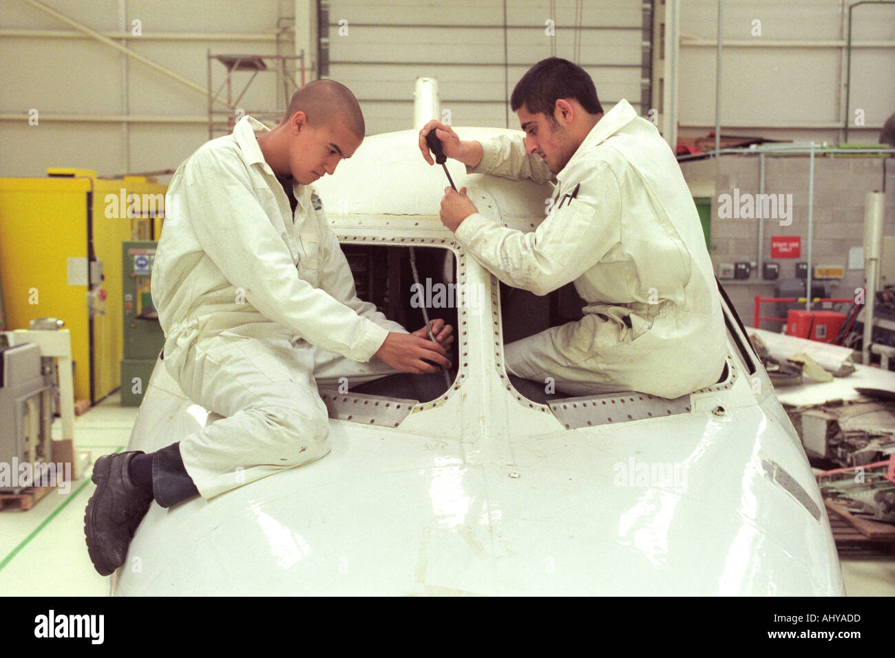 British Airways aircraft maintenance trainees working on a Hawker ...