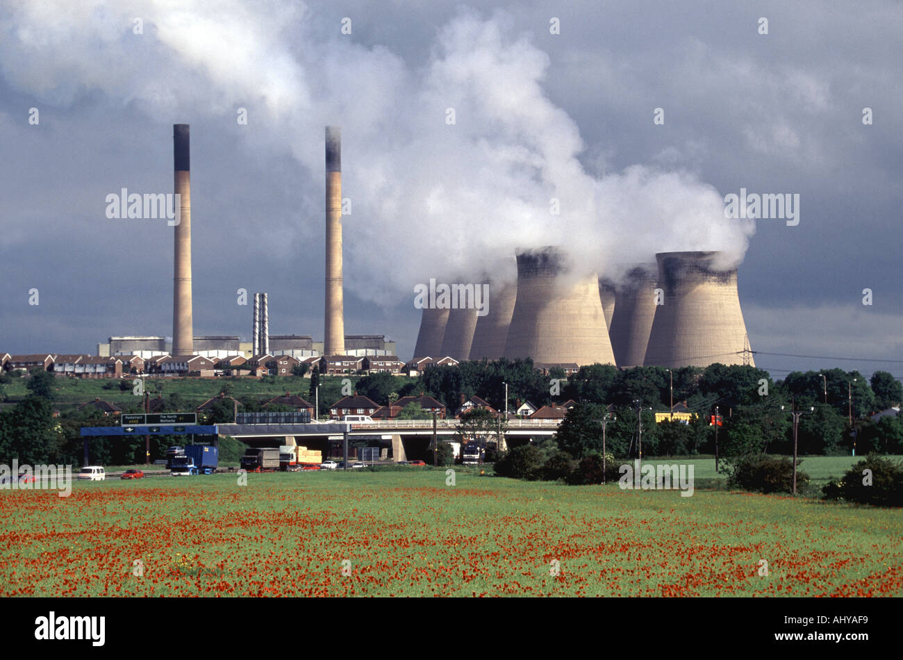 UK England Yorkshire Ferrybridge Power Station and field of wild ...
