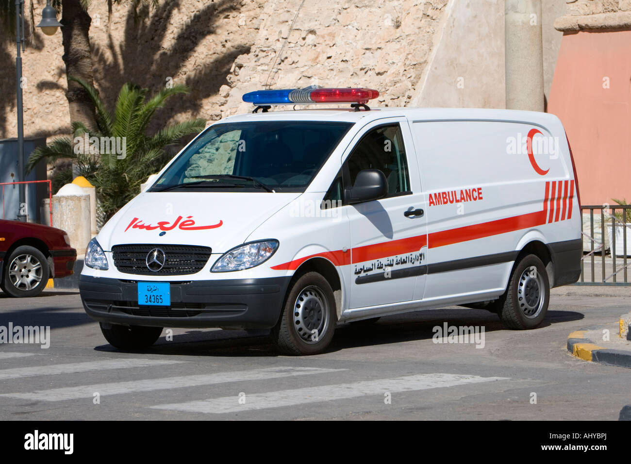 Tripoli, Libya. Ambulance. A Red Crescent is the symbol for medical ...