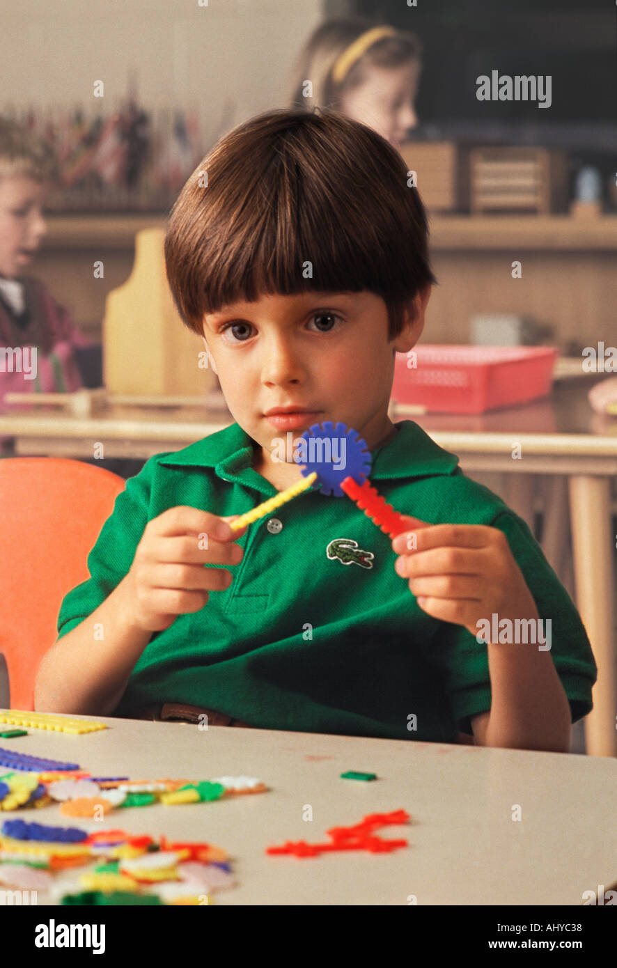 child photographed in a preschool classroom in suburban Connecticut ...