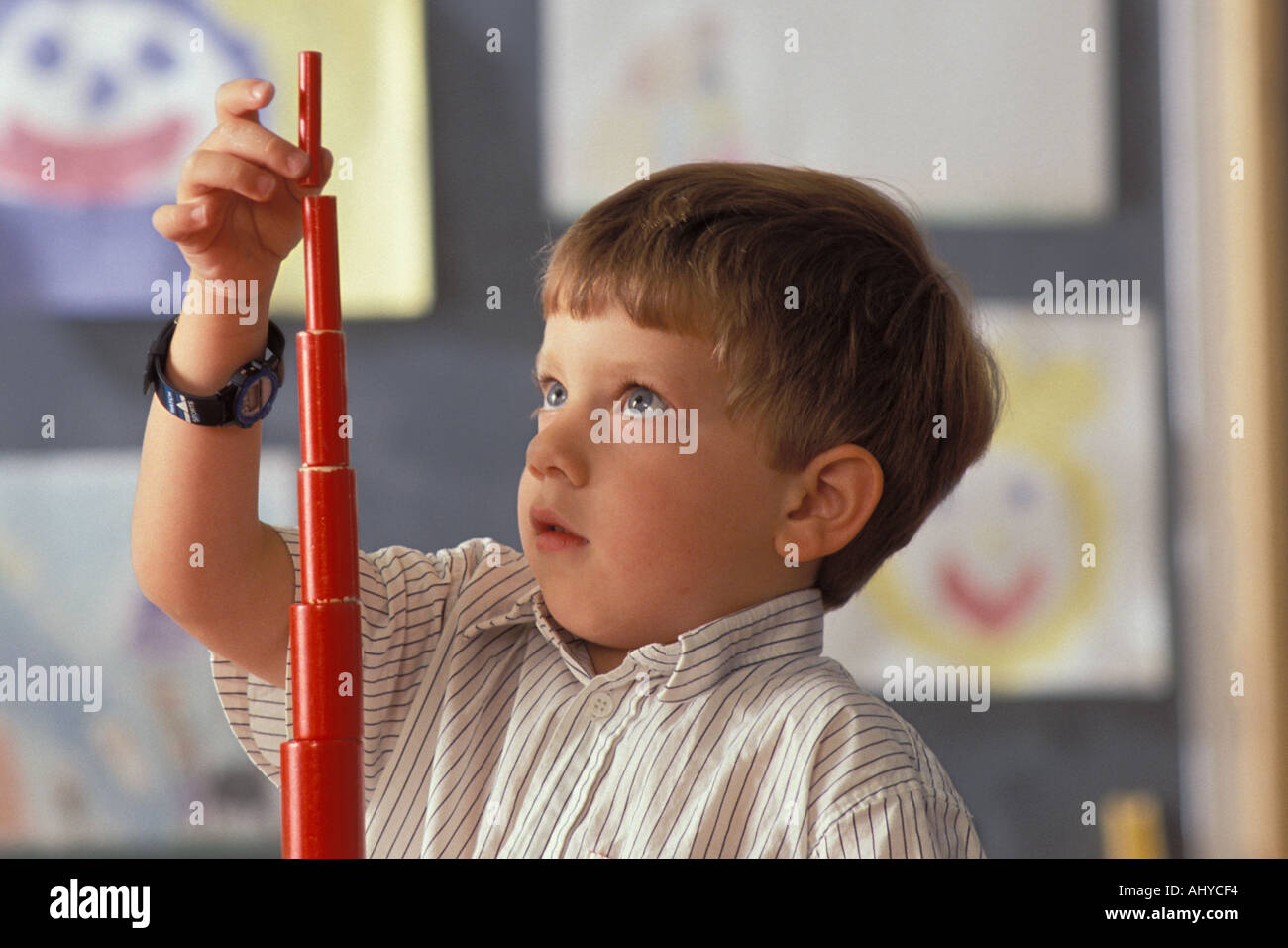child photographed in a preschool classroom in suburban Connecticut ...