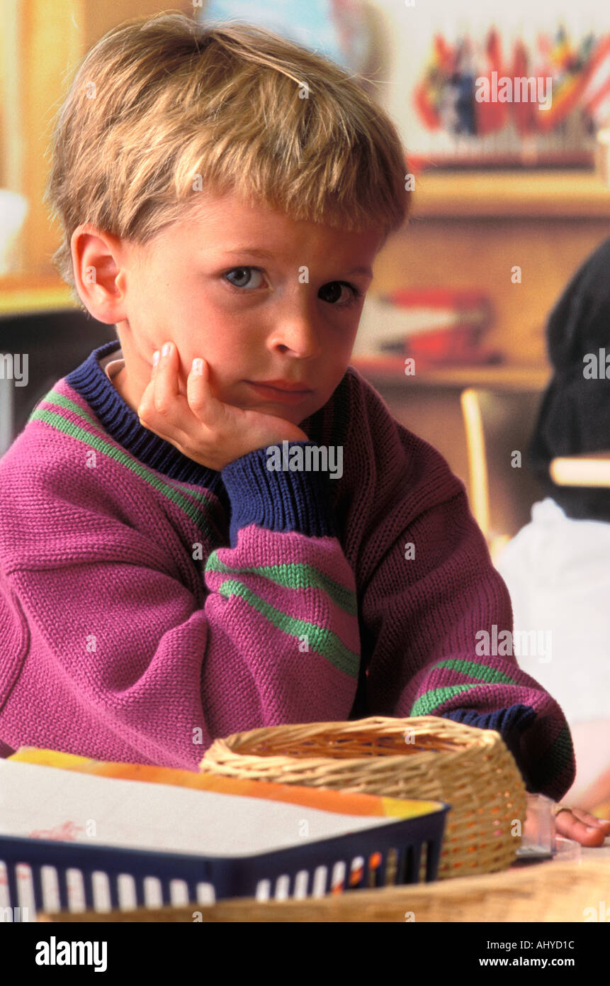Portrait of a preschool child photographed in a Kindergarten classroom ...