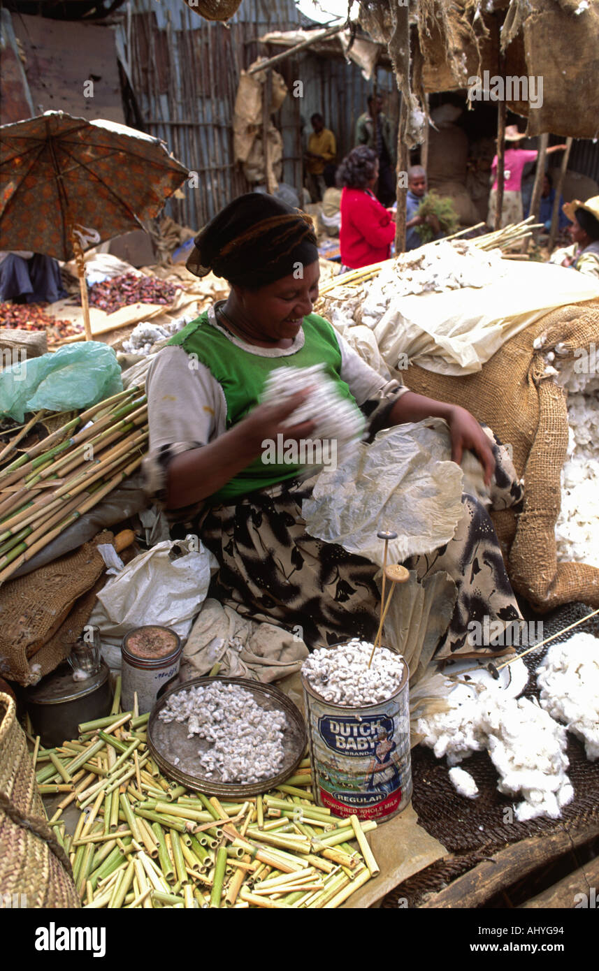 Ethiopian woman selling cotton in a market, Addis Ababa, Ethiopia Stock ...