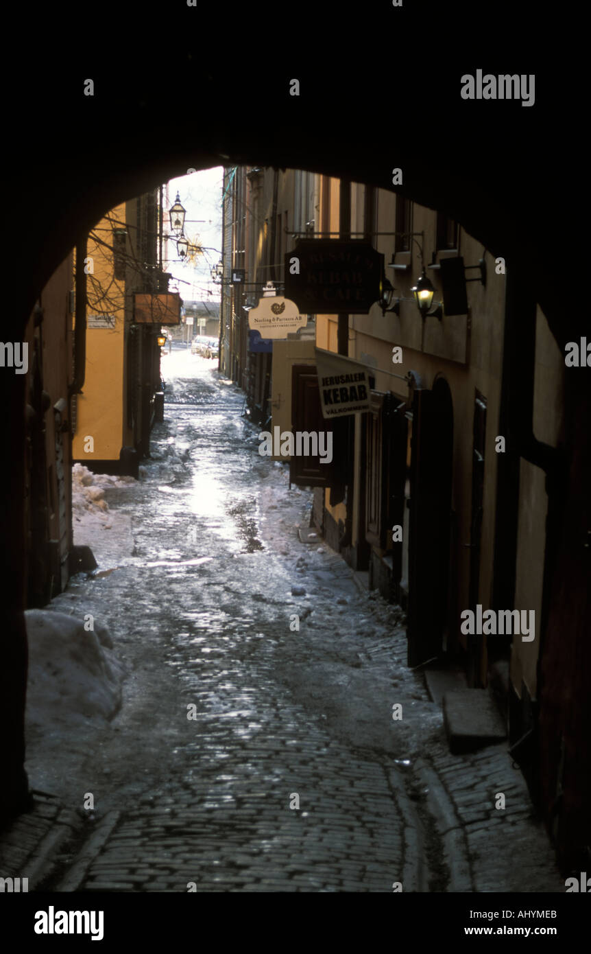 Restaurants and bars in a narrow alley in Gamla Stan Old Town Stockholm ...