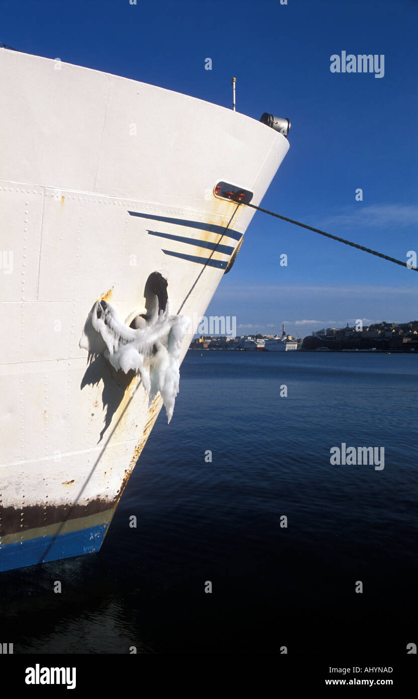 Frozen anchor of ship docked at the quayside at Stockholm harbour in ...