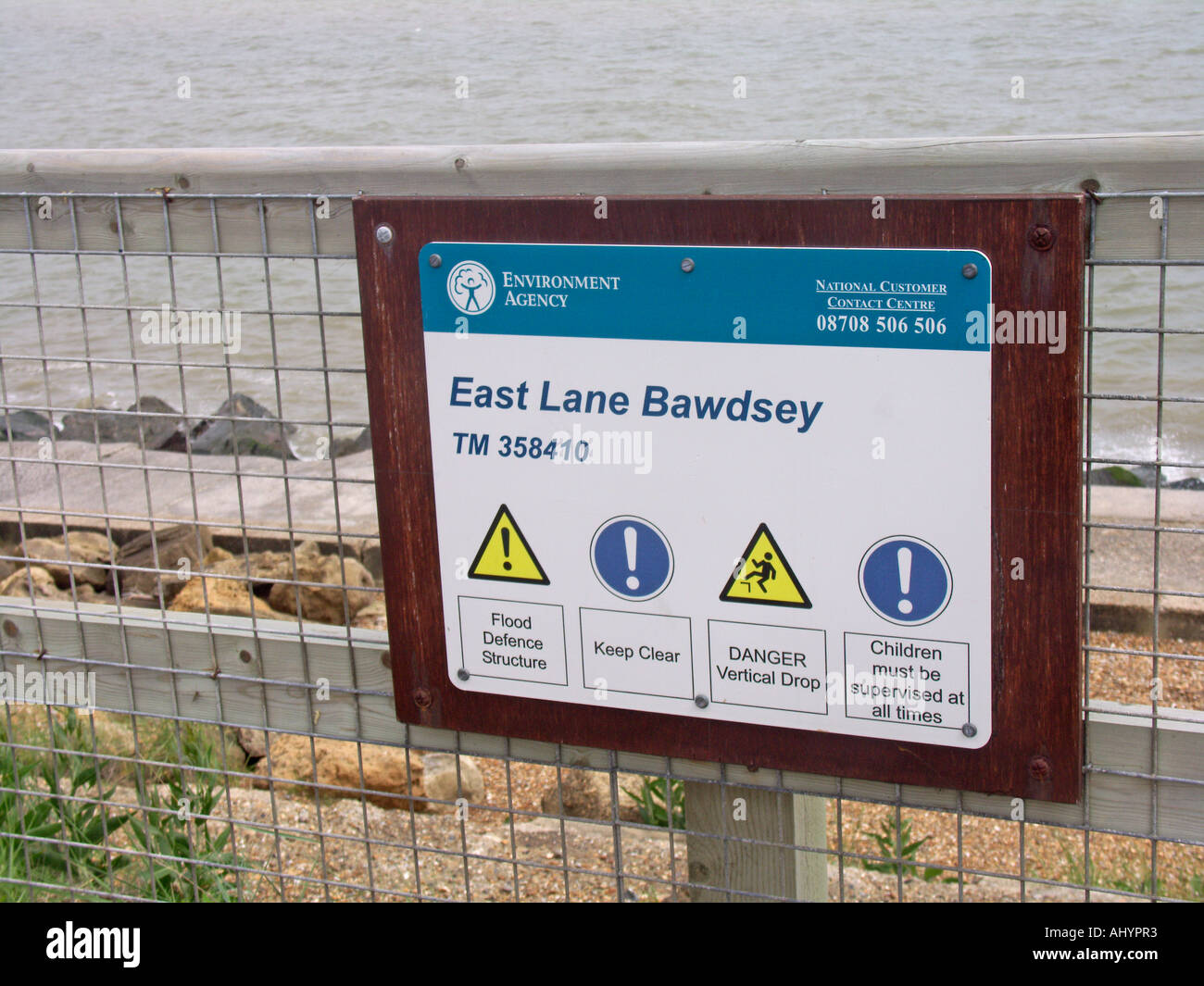 Environment Agency sign, East Lane Bawdsey, Suffolk, England Stock ...