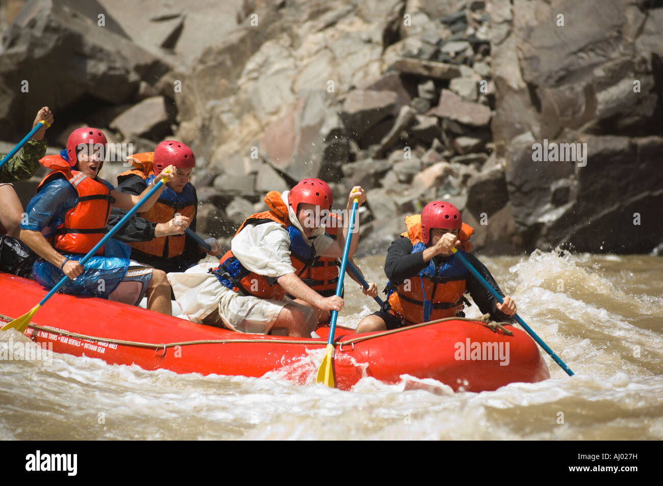 group of people river rafting Stock Photo - Alamy