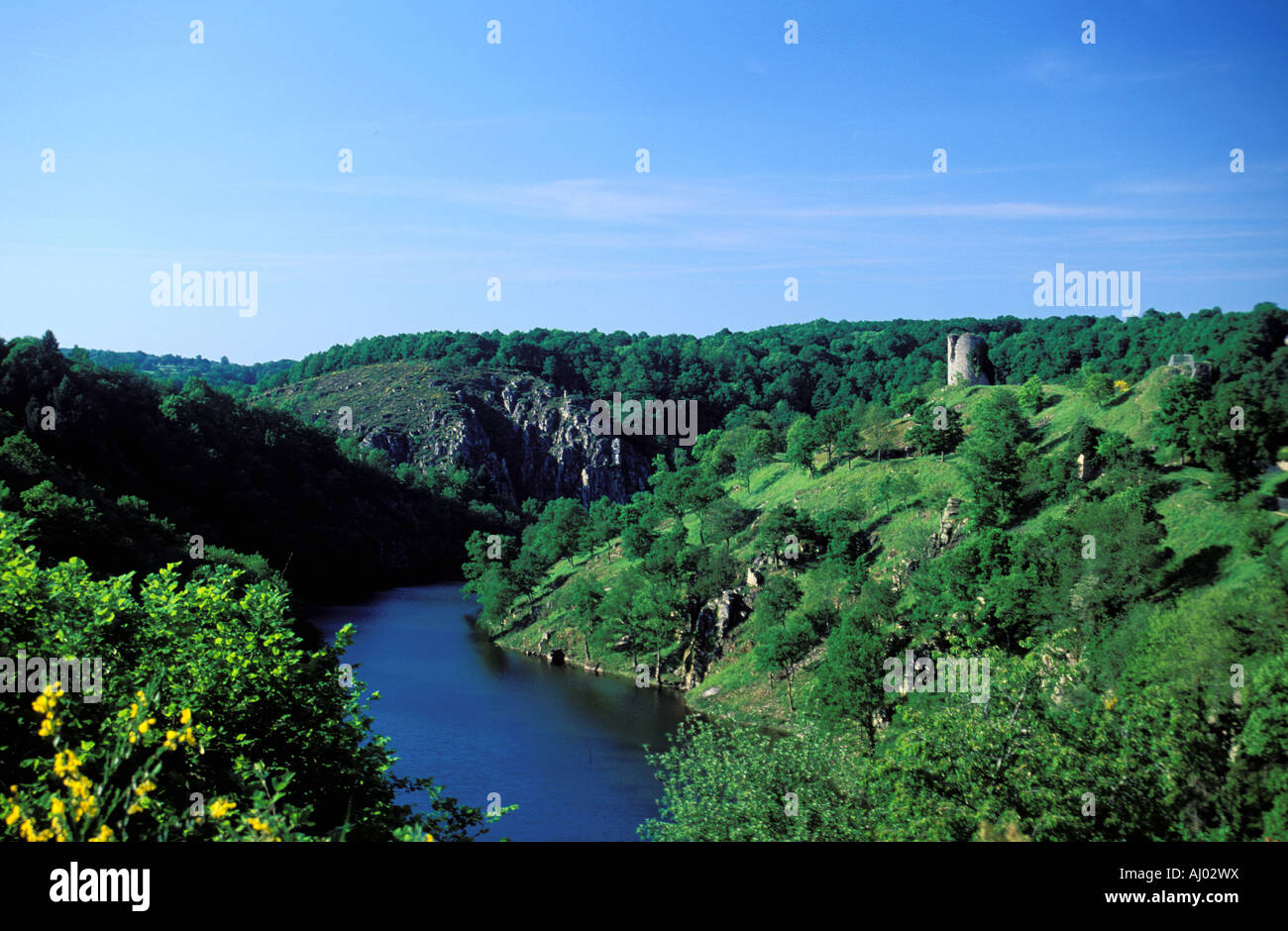 France, Creuse, castle's ruins at the confluence of the Sedelle river ...