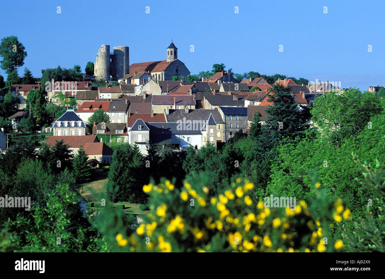 France, Creuse, Crocq village, fortified castle and the Saint Eloi ...