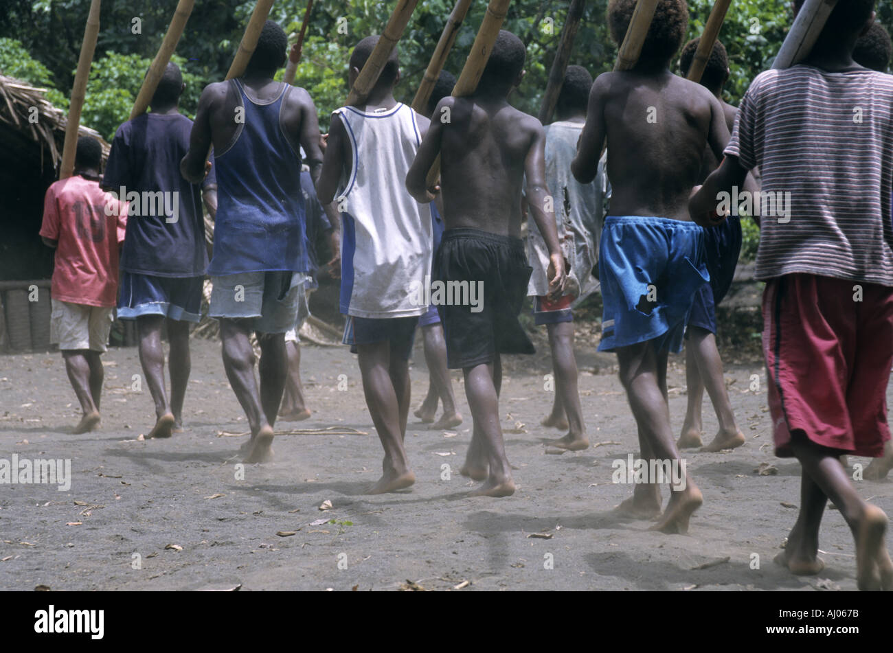 Members of John Frum cargo cult training in preparation for the annual ...