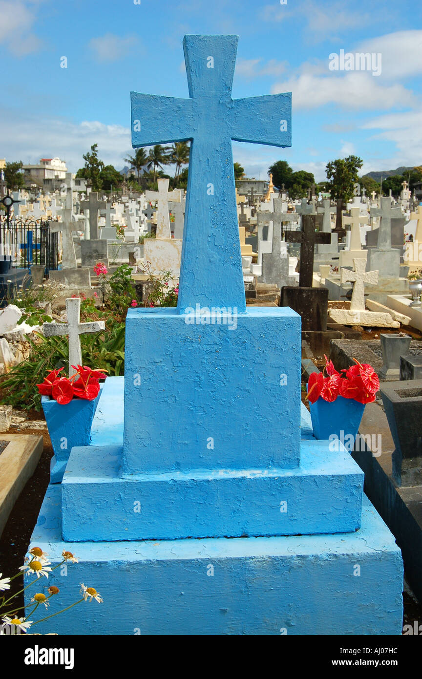 Blue headstone in cemetry, Mauritius Stock Photo - Alamy