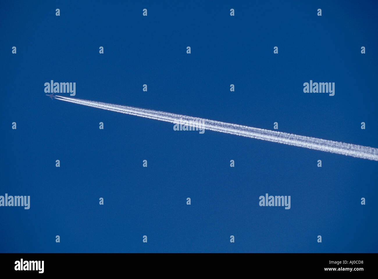 A passanger jet streaks across a clear blue sky leaving a brilliant ...