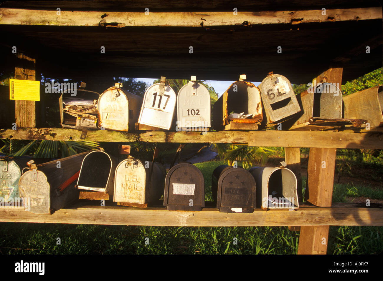 Rows and shelves of residential mailboxes rural setting Maui Hawaii ...