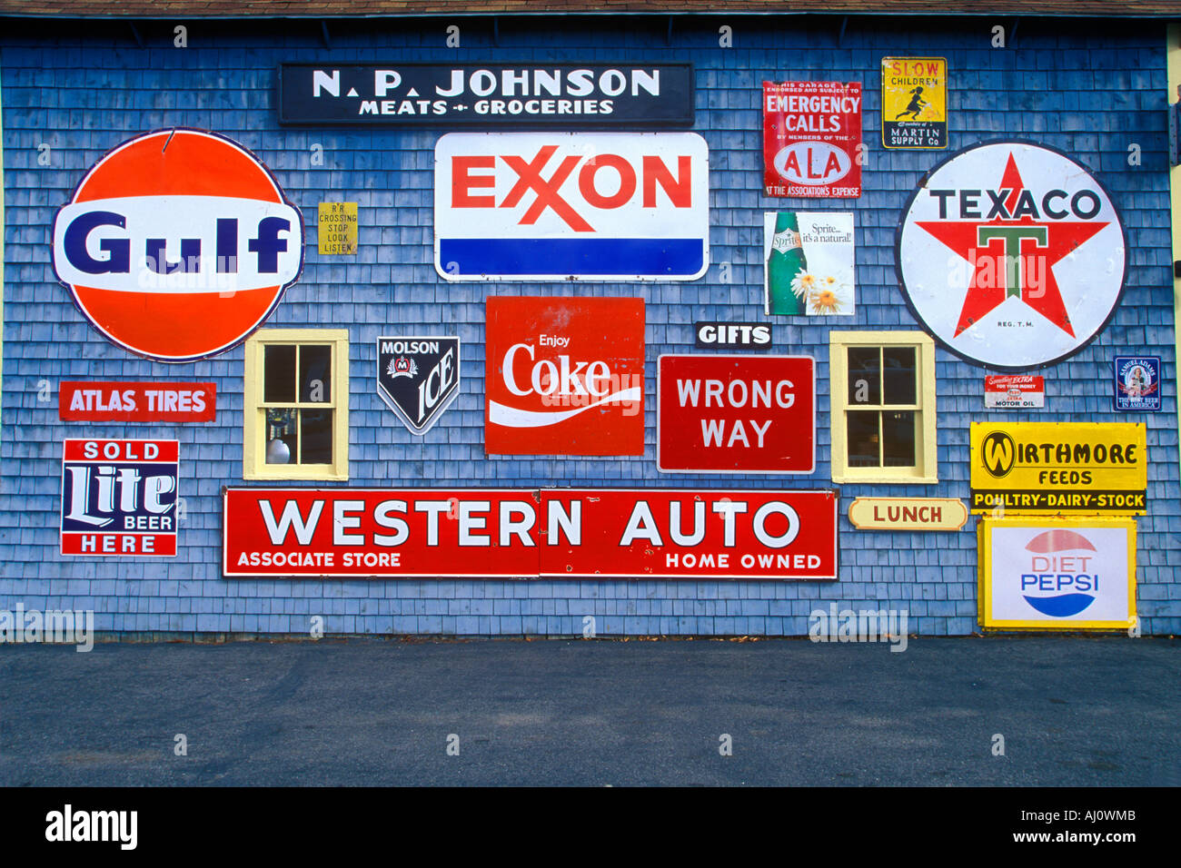 Signs on side of gas and service station Orland ME Stock Photo - Alamy