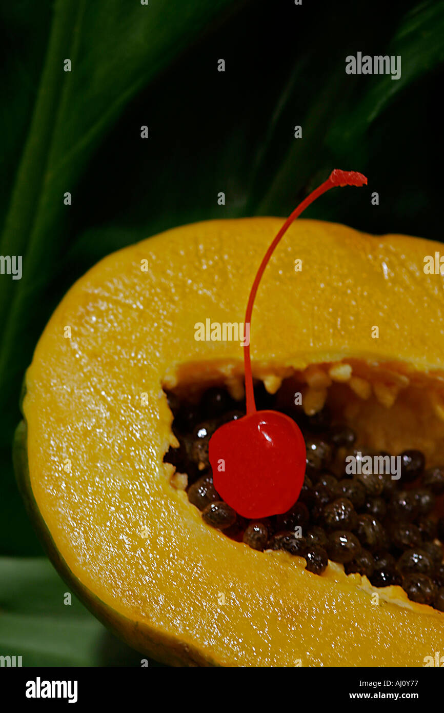 Tropical Fruits Gold Papaya Upclose view of juicy pulp and seeds Stock ...