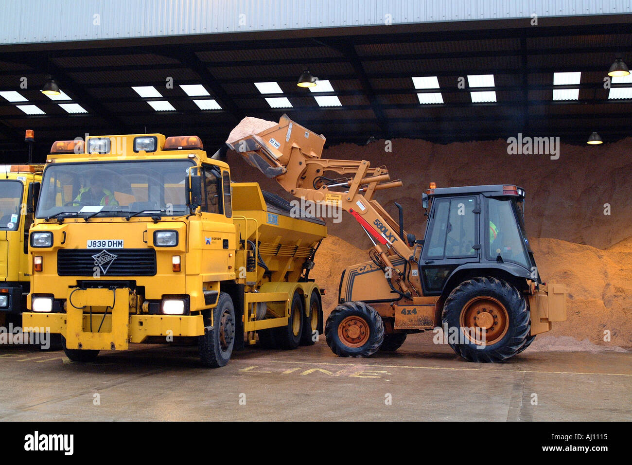 Salt Gritting Lorry being loaded with Salt for the Roads Motorways Southern England UK Stock ...