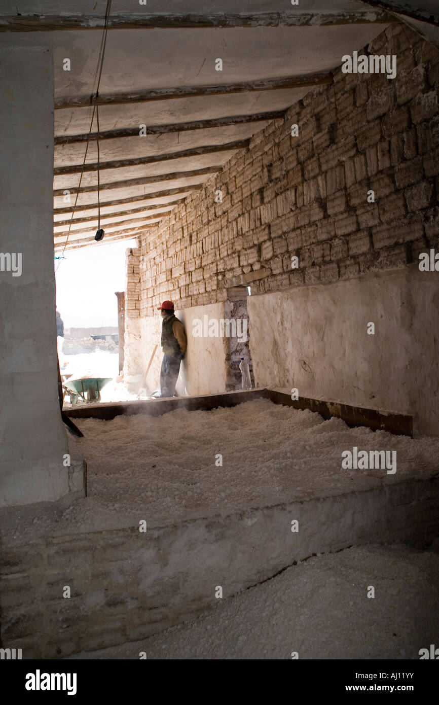 Small co-operative making table salt at the Salar Uyuni salt flats ...