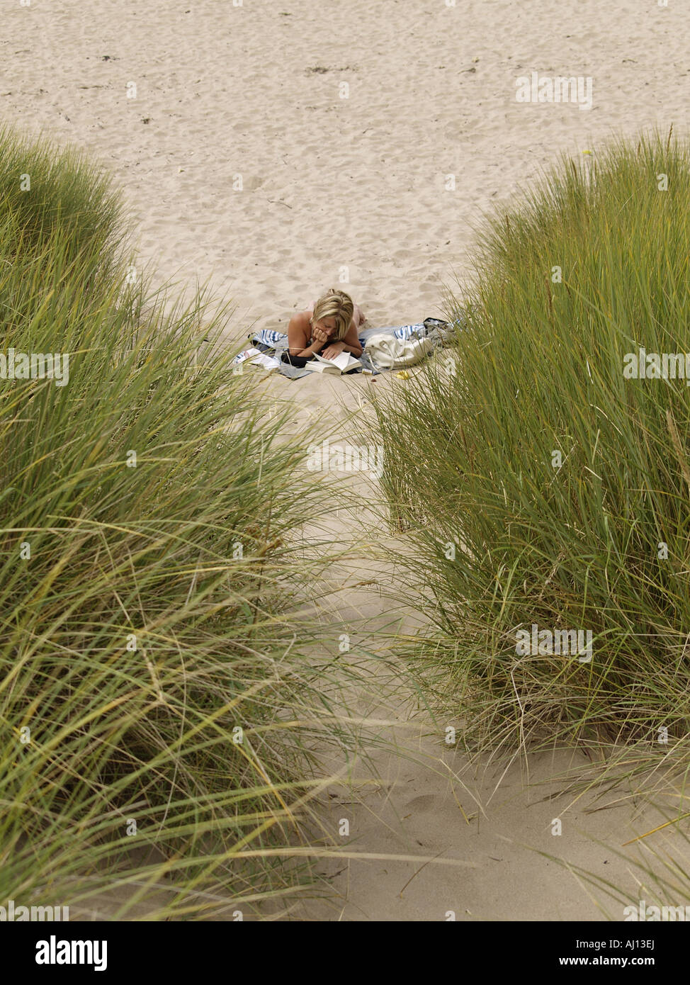 Young woman reading a book on a sandy beach Stock Photo - Alamy