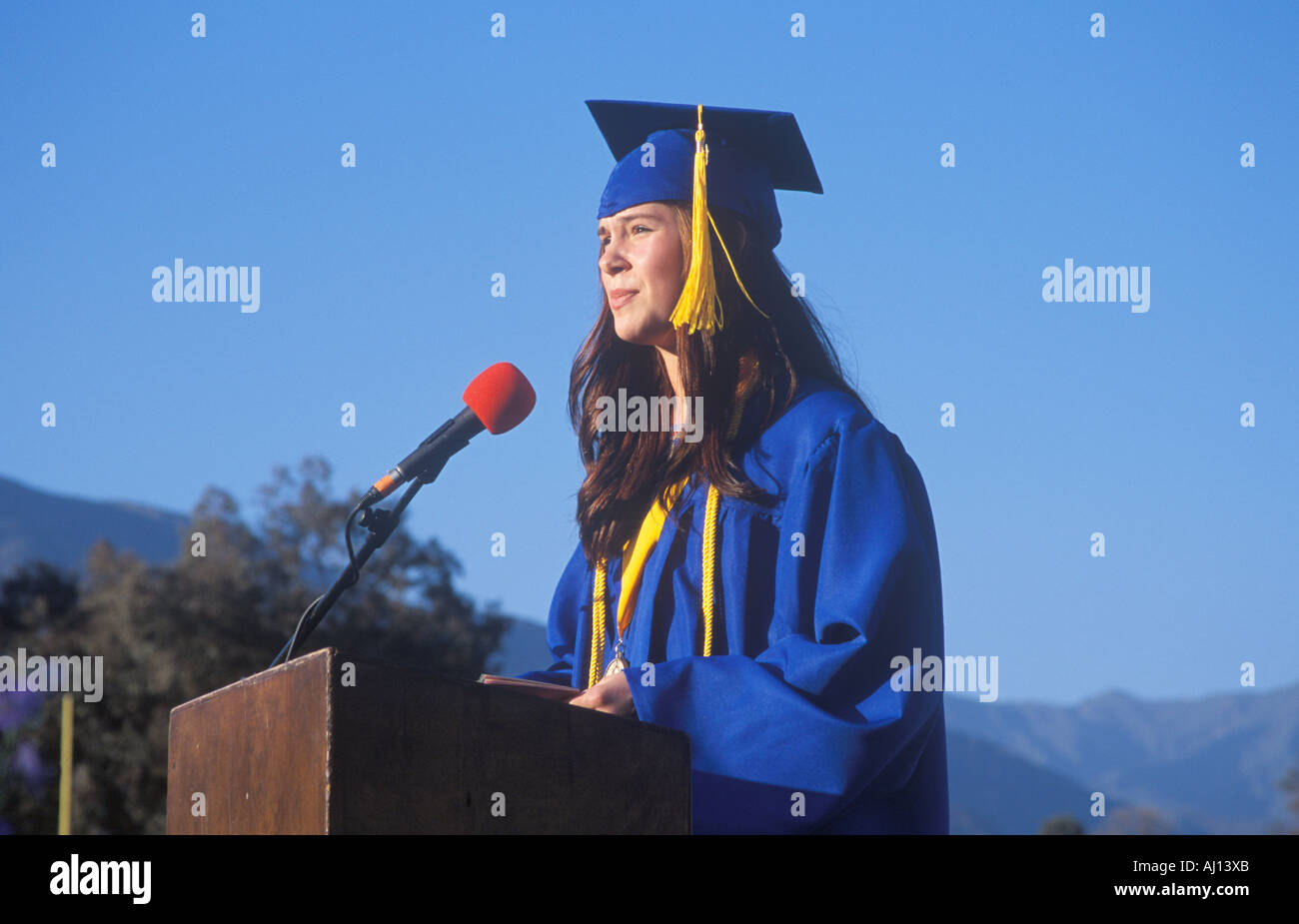 High school valedictorian giving her commencement speech Ojai CA Stock ...