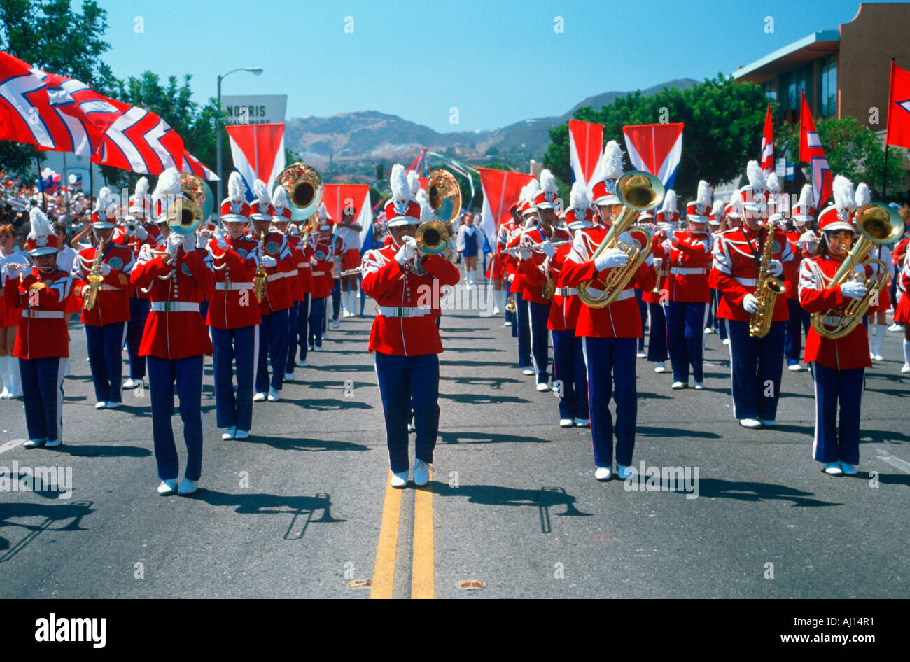 A marching band performs at Pacific Palisades Independence Day Parade ...