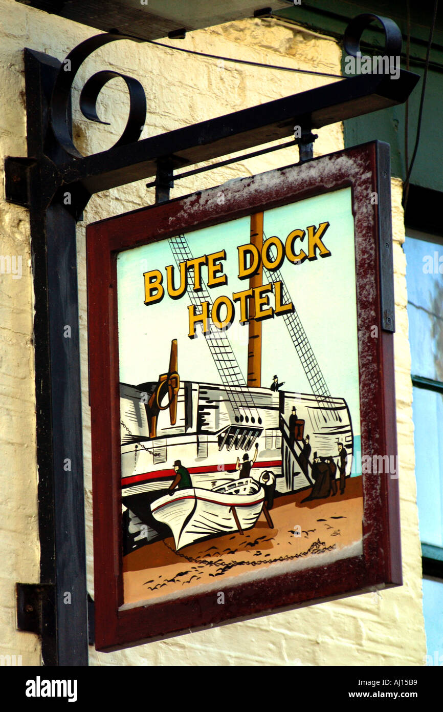 Pub sign hanging outside Bute Dock Hotel Cardiff Bay South Wales UK ...