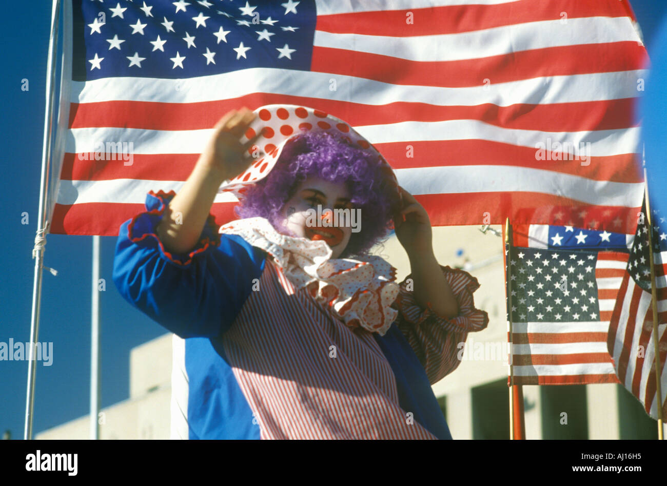 Clown on float with American Flag Veterans Day Parade St Louis MO Stock ...