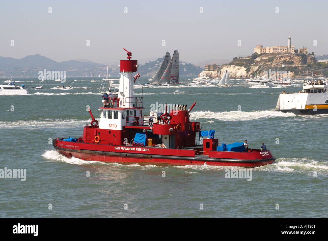 CALIFORNIA San Francisco Fire boat and sailboats in San Francisco Bay ...