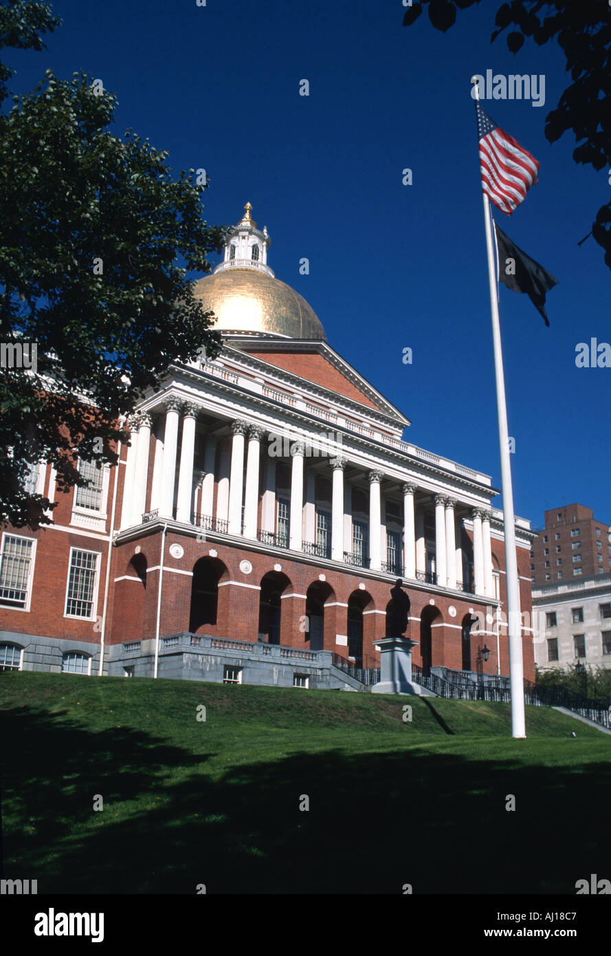MASSACHUSETTS Boston Exterior of State House gold dome and pillars USA ...