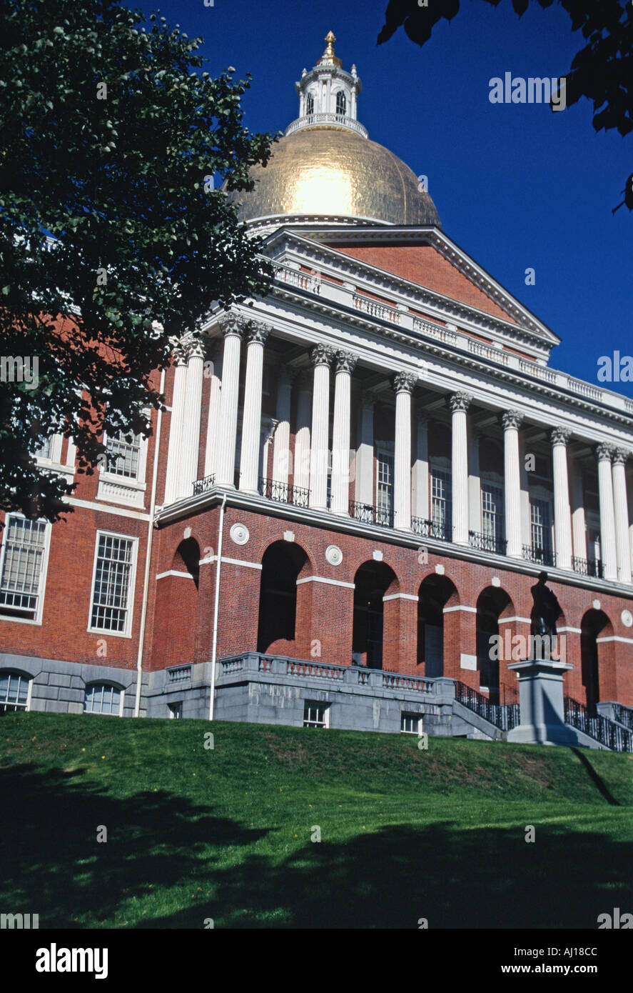 MASSACHUSETTS Boston Exterior of State House gold dome and pillars ...