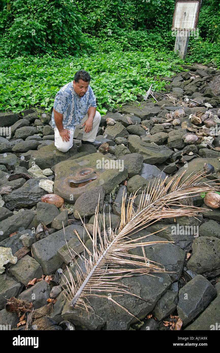 Kosrae man studies ceremonial stone used for pounding sakau kava at ...