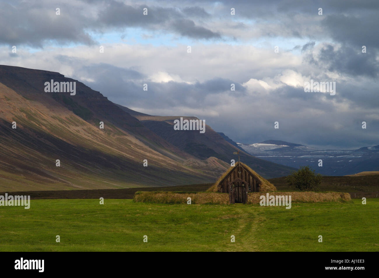 old church Grafarkirkja made of turf near the village Gröf on the Skagi ...