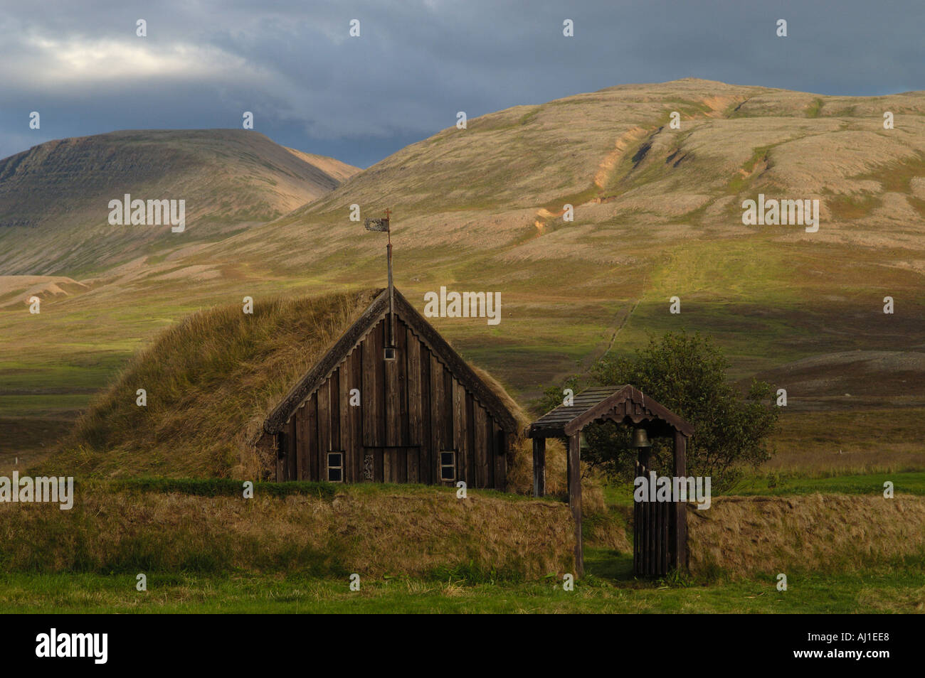 old church Grafarkirkja made of turf near the village Gröf on the Skagi ...