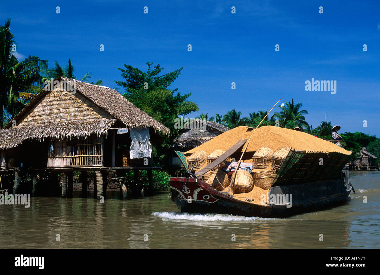 Boat transporting rice husks on the Mekong River, Vietnam Stock Photo ...