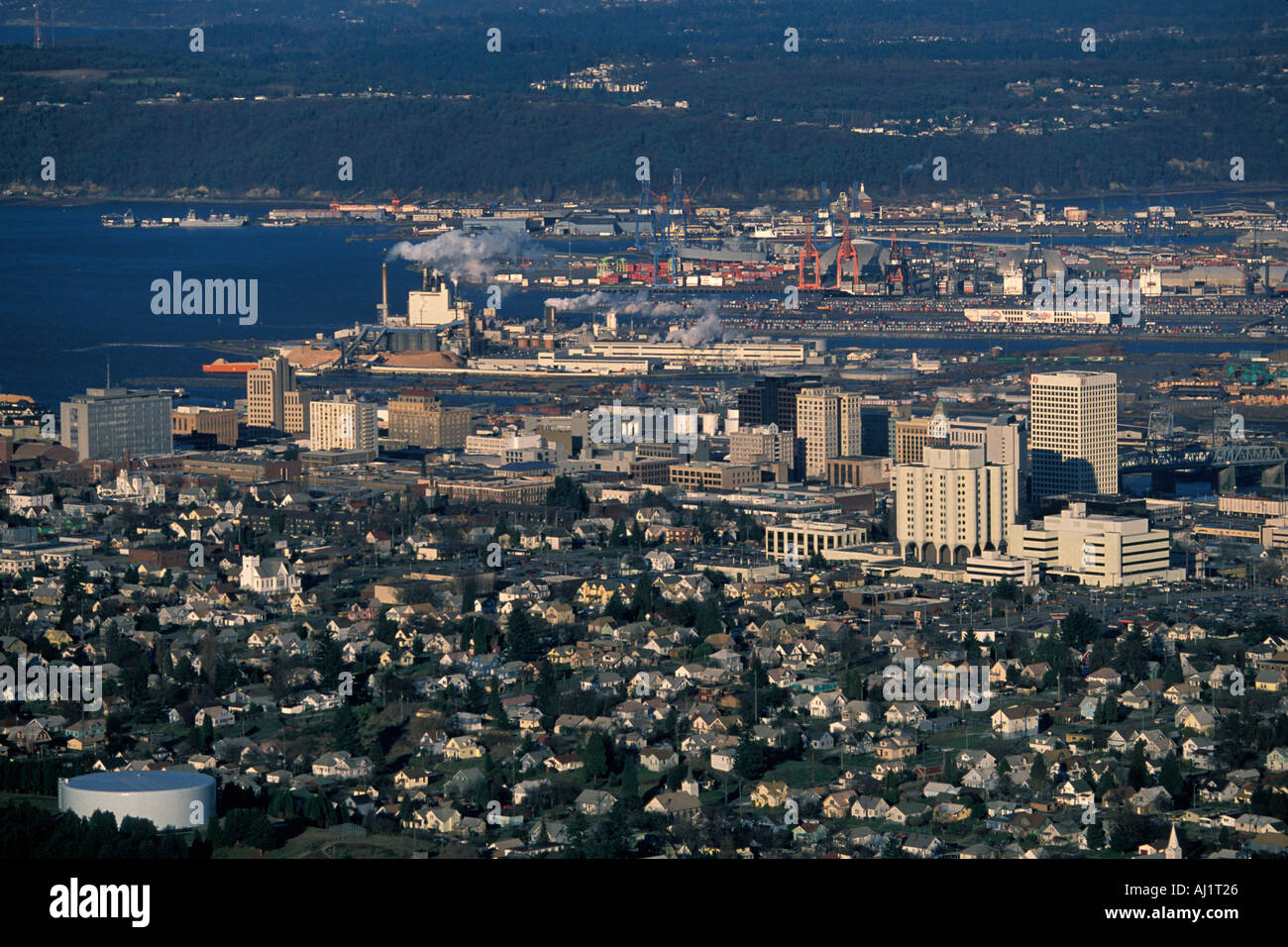 Aerial View Of Downtown Tacoma Washington With Commencement Bay In ...