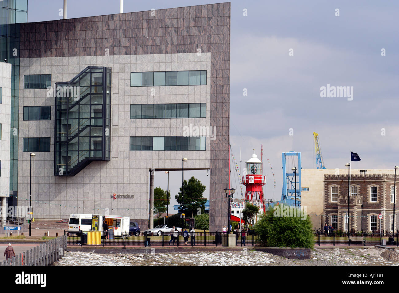 Cardiff Bay with the contemporary Atradius building and the Light House ...