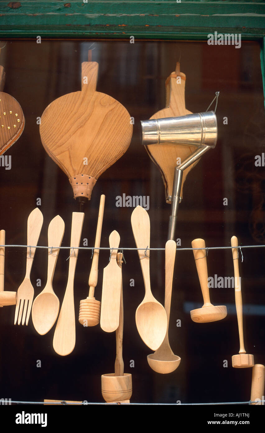 wooden spoons on display in shop window Stock Photo - Alamy