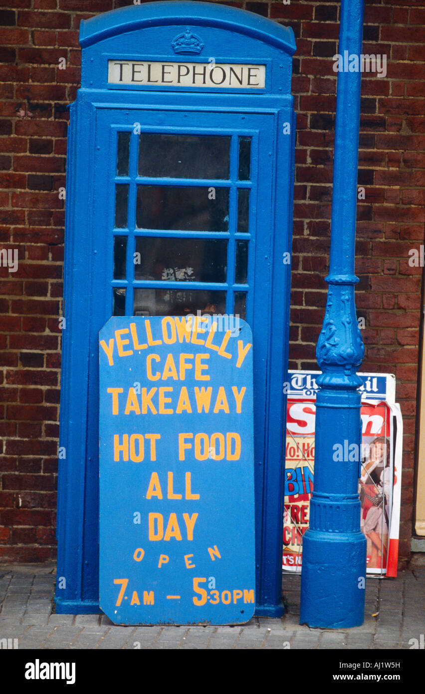 blue telephone box cafe sign Stock Photo - Alamy