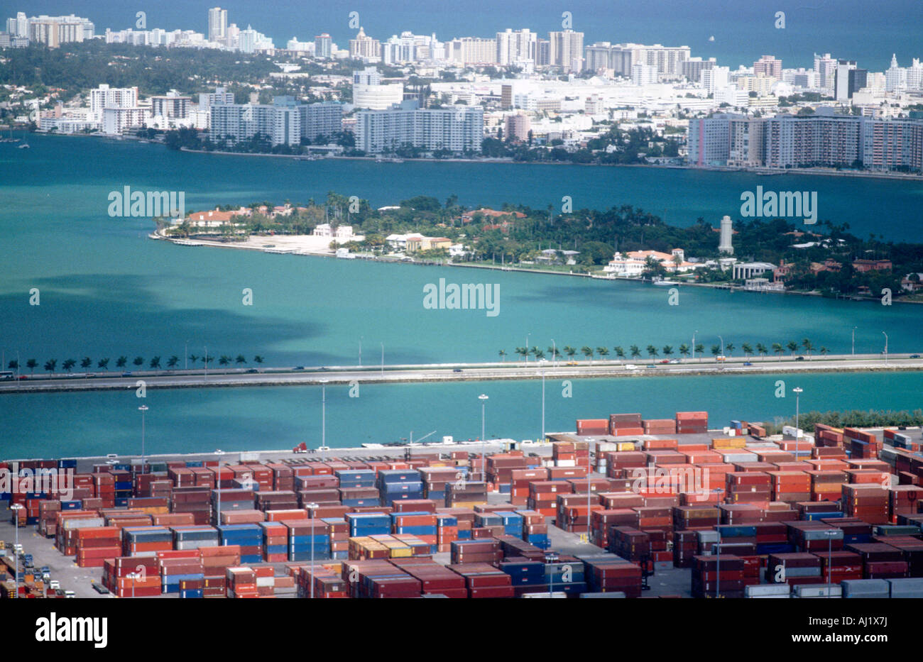 aerial view miami container port across to downtown Stock Photo - Alamy