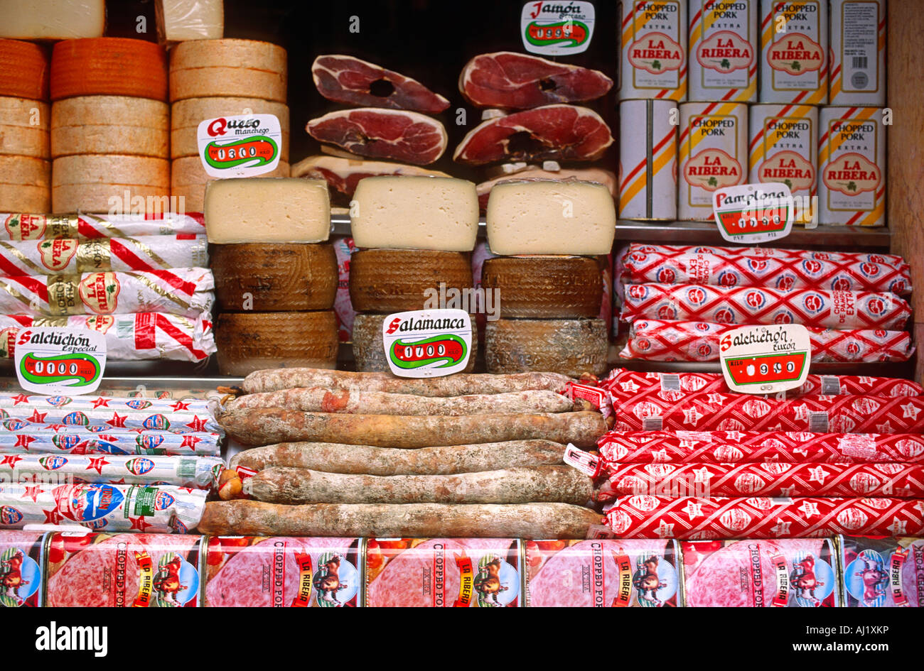 window display cheese and sausage shop Spain Stock Photo - Alamy