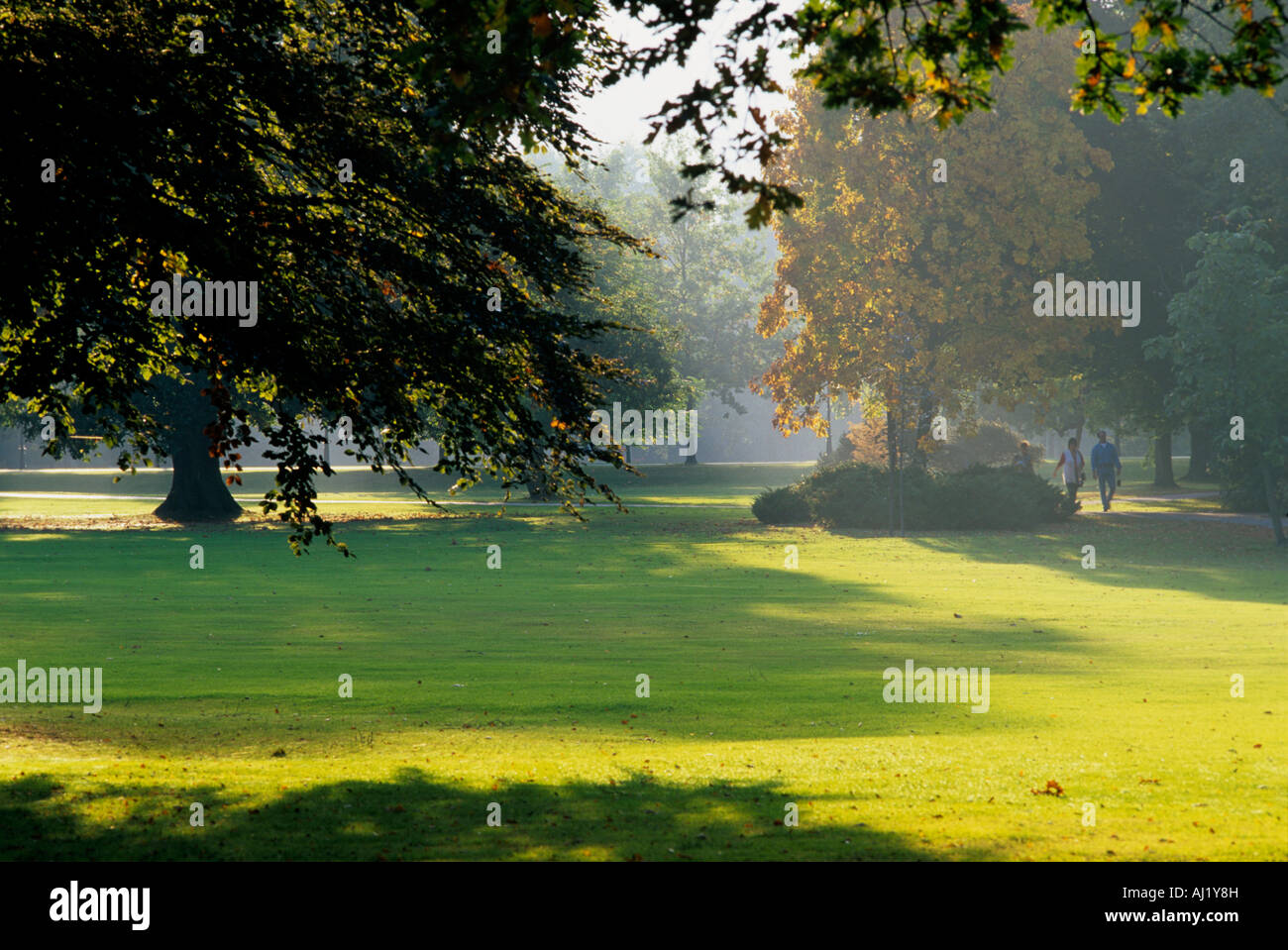 Autumn evening light in the park of historic spa town Bad Driburg ...