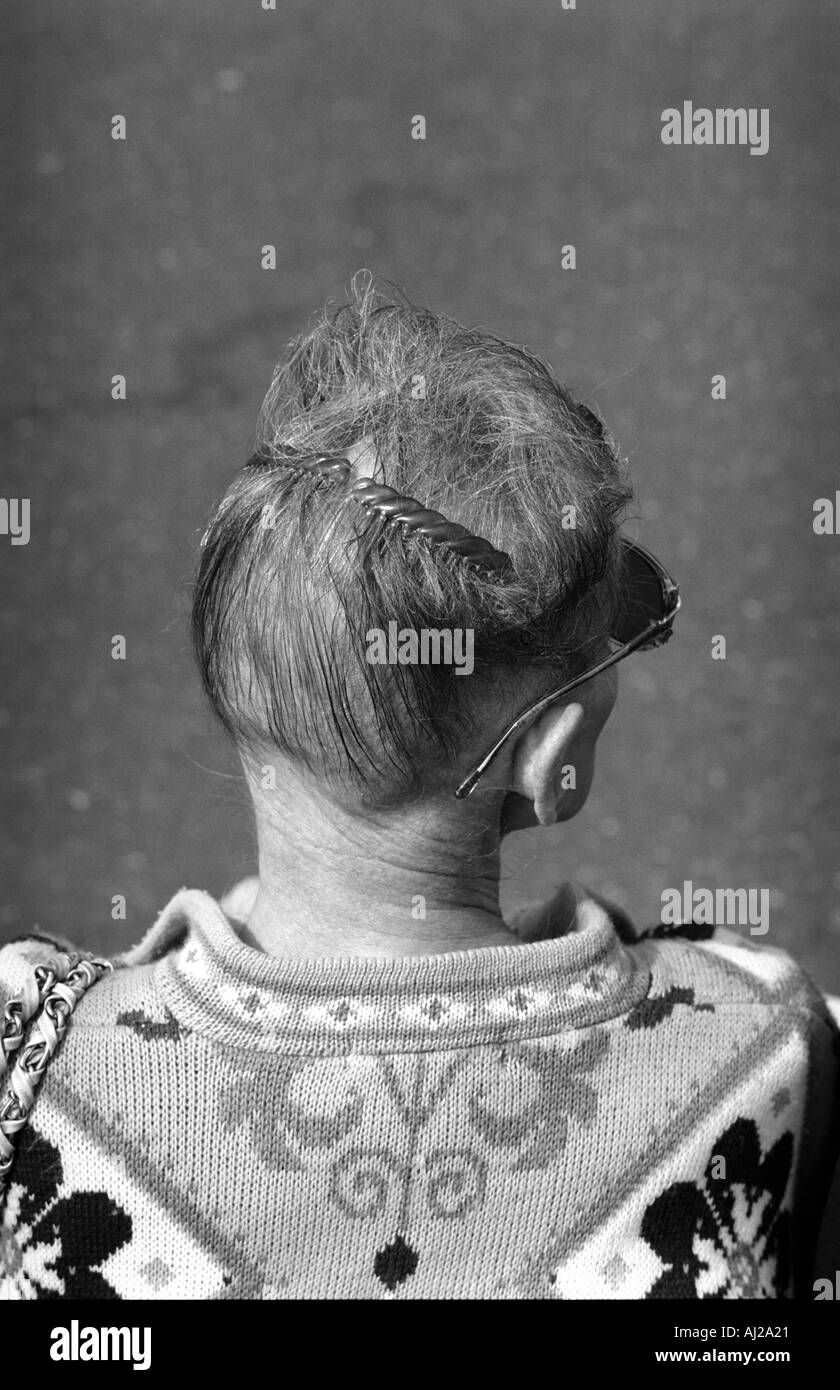 Rear monochrome portrait of elderly lady on Brighton beach Stock Photo ...