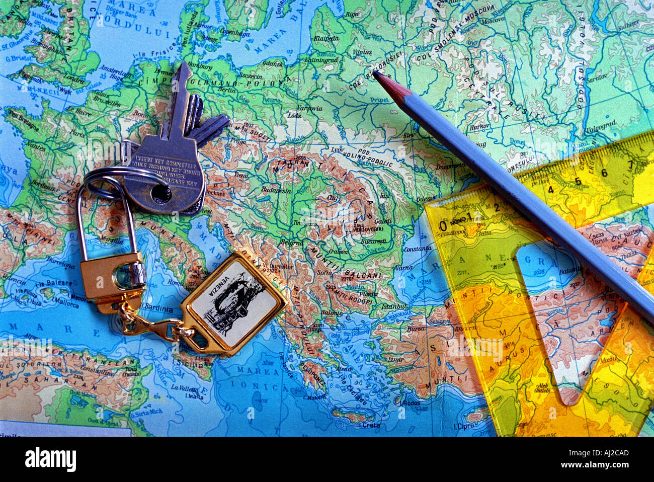 Europe map with key pencil and ruler Stock Photo - Alamy