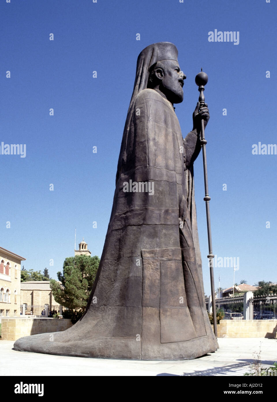 Tall statue of Archbishop Makarios in grounds of The Archbishops Palace ...