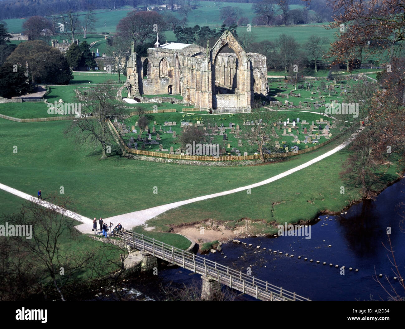 Looking down from above on ruins of Bolton Abbey also known as Bolton ...
