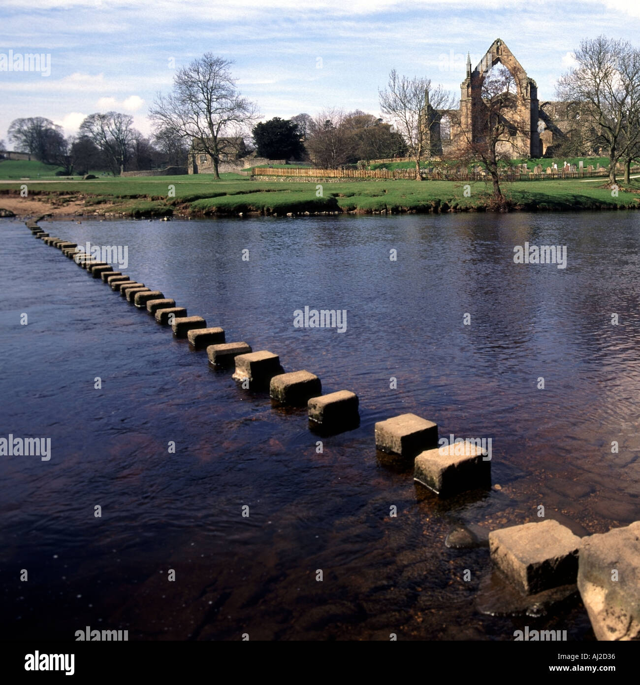River Wharfe at Bolton Abbey also known as Bolton Priory stepping ...