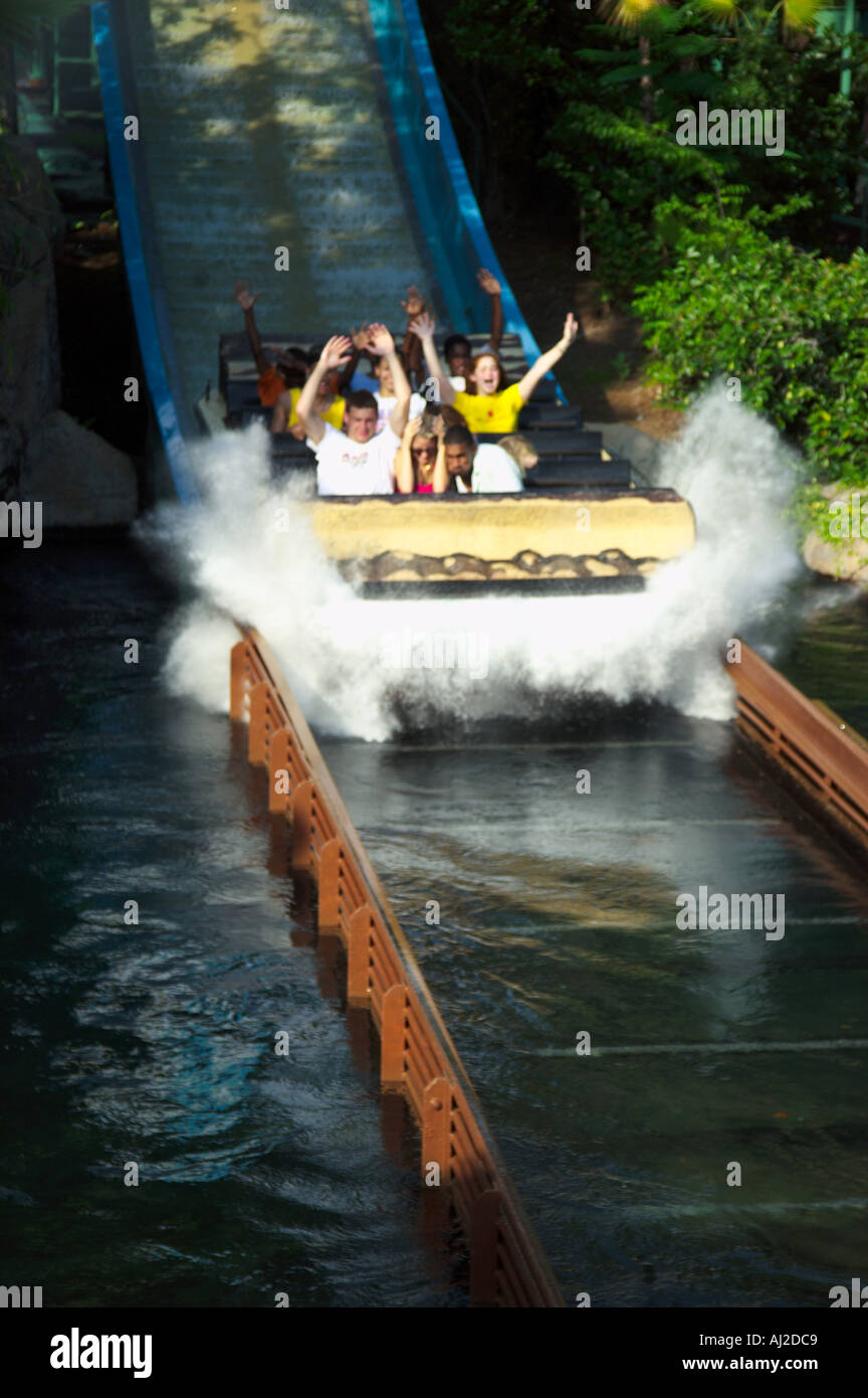 Amusement park visitors splashing down in water ride Stock Photo - Alamy