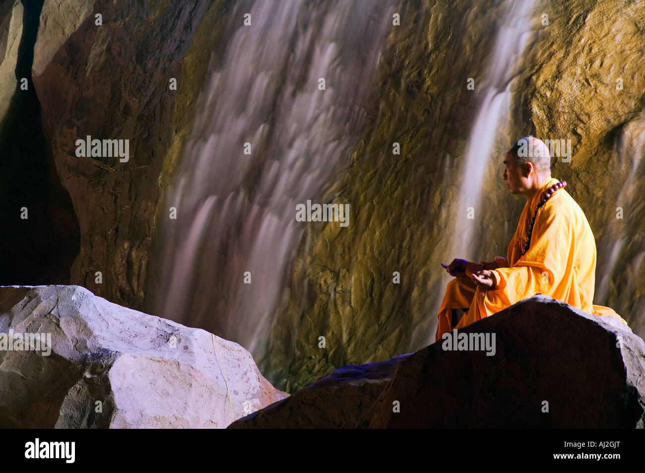 A monk demonstrating meditation at the Zen Music Shaolin Grand Ceremony ...